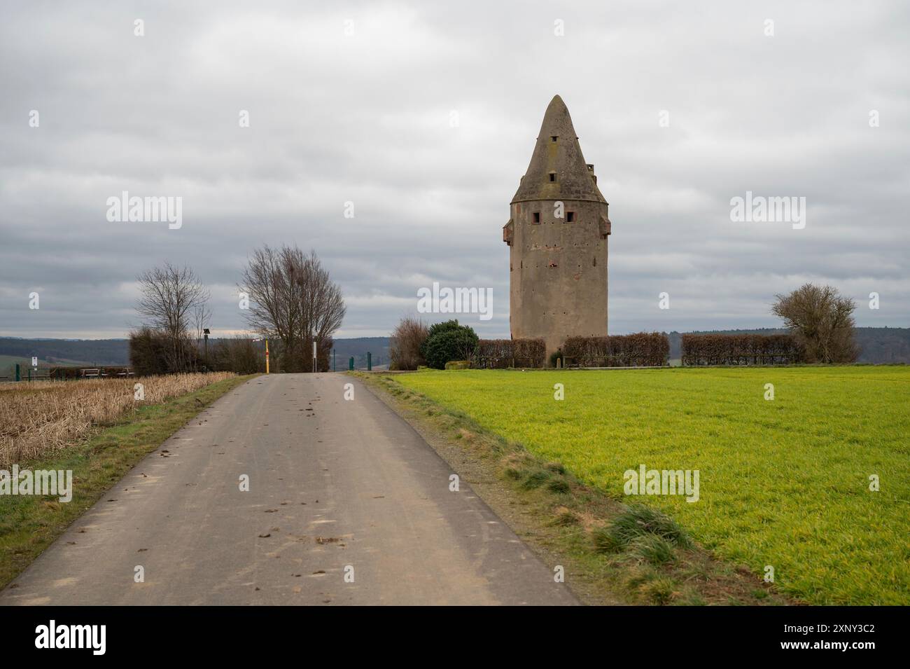 Wartturm, Schaafheim, Germany during cloudy day with agricultural path ...