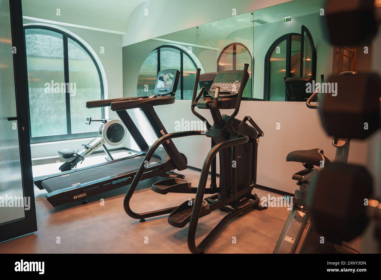 Modern Gym with Arched Windows and High-End Equipment in Luxury Hotel ...