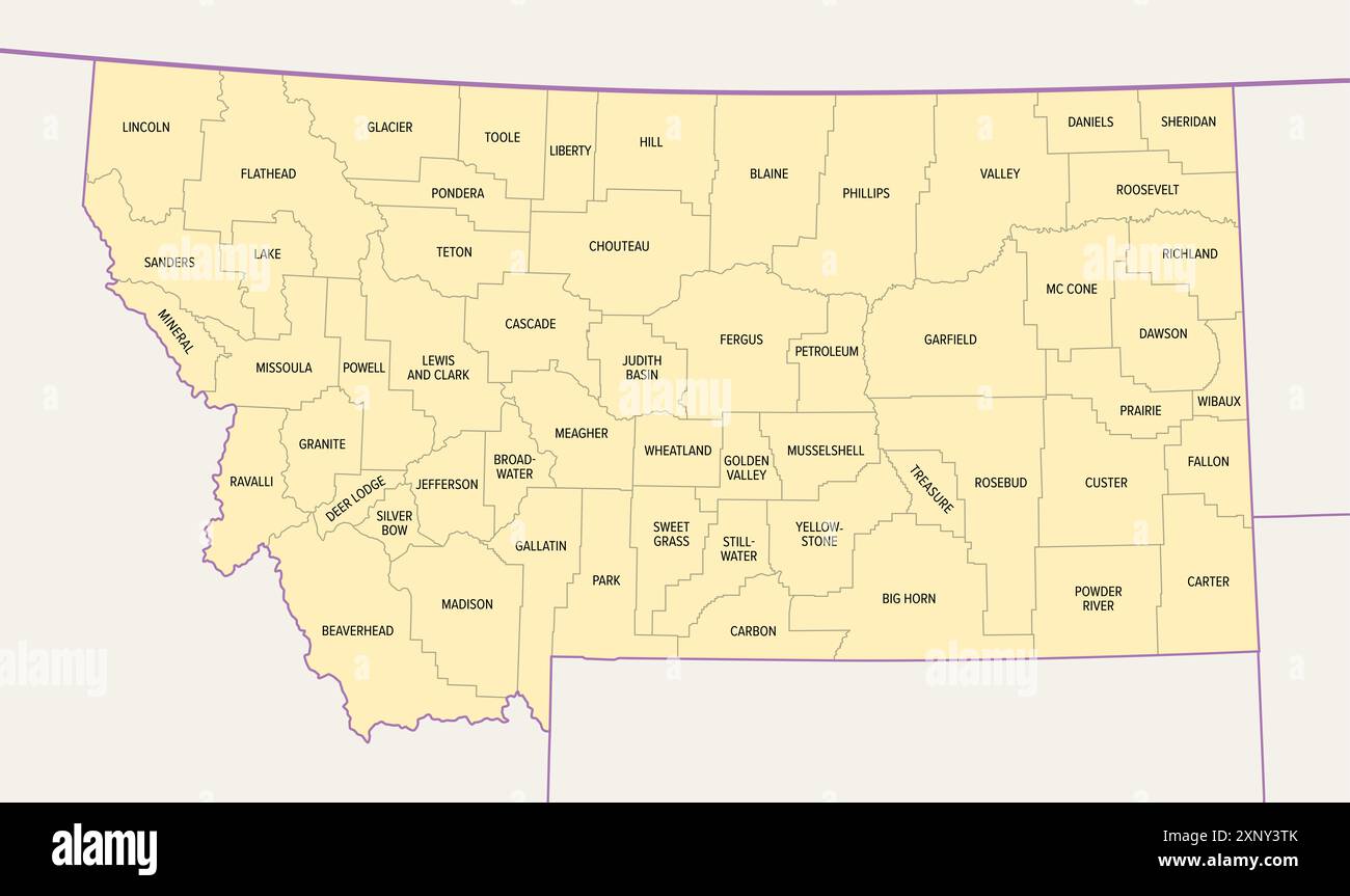 Montana, U.S. state, subdivided into 56 counties, political map with ...