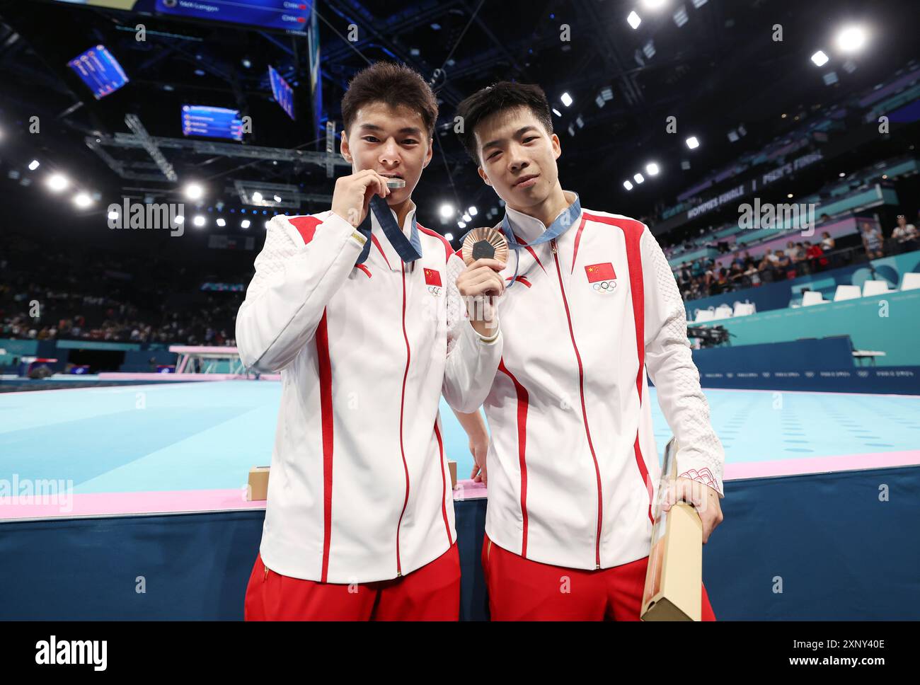 Paris, France. 2nd Aug, 2024. Silver medalist Wang Zisai (L) of China ...