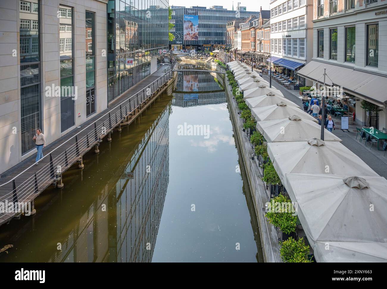 Aarhus City center with river and shopping street with lots of stores ...