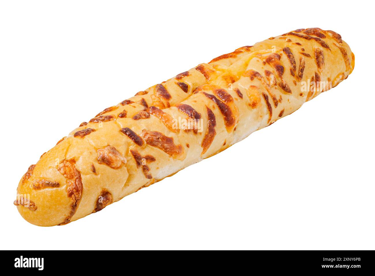 ruddy long baget loaf of bread is strewed cheese isolated on white ...