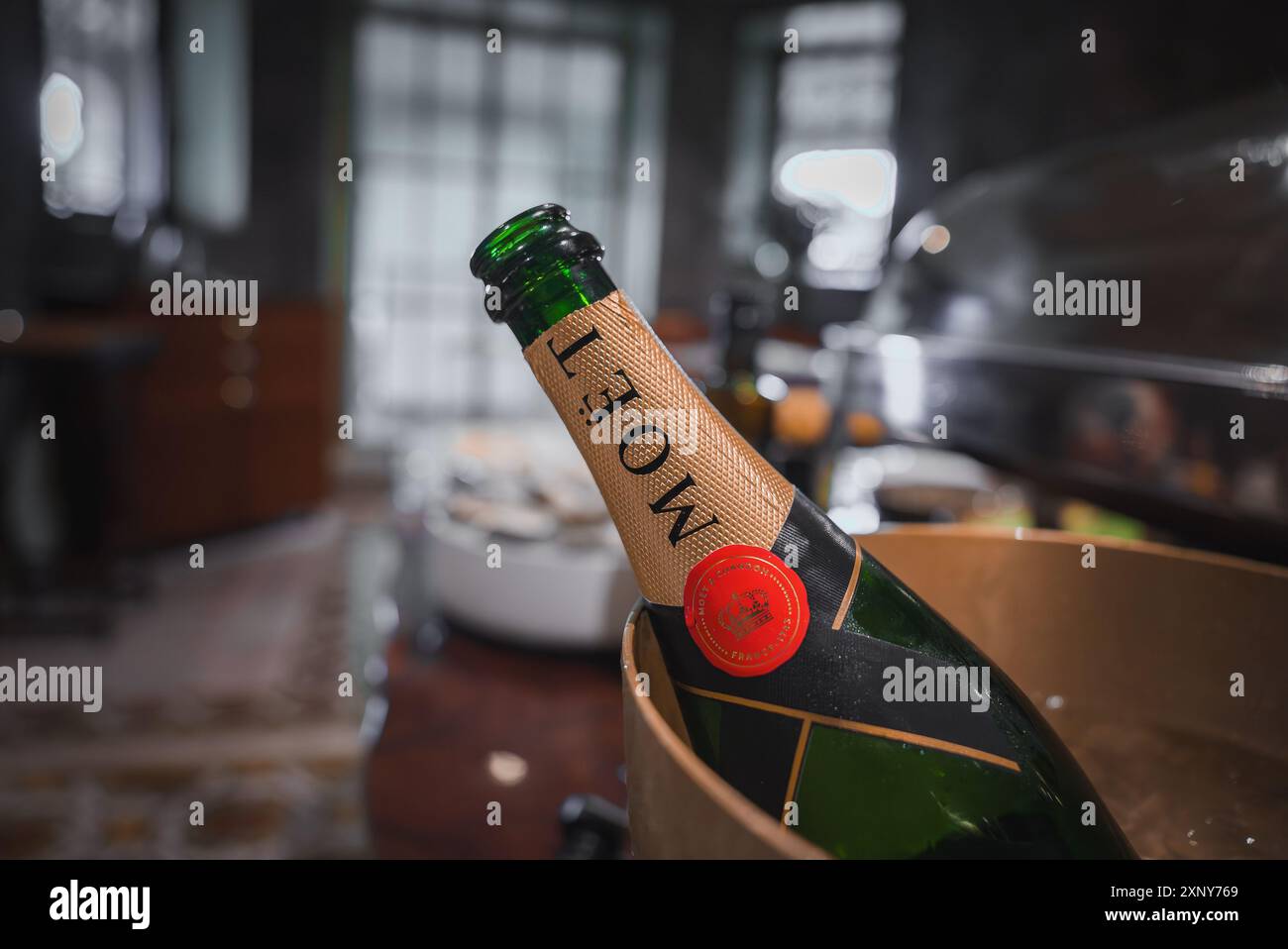 Moet and Chandon Champagne in Ice Bucket at Luxury Hotel Dining Area ...