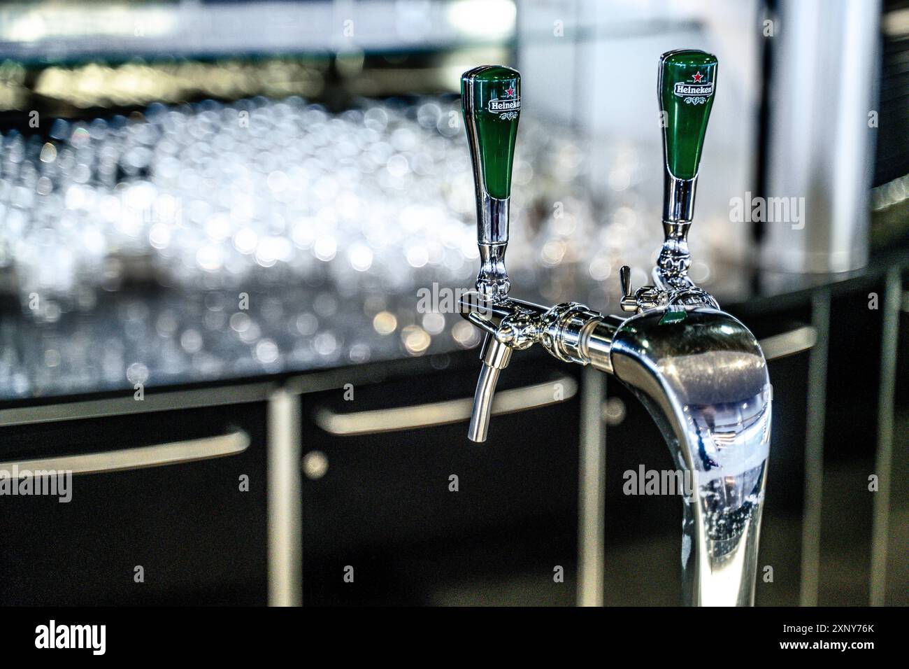 September 23, 2023: A shiny tap in a bar or disco with Heineken ...