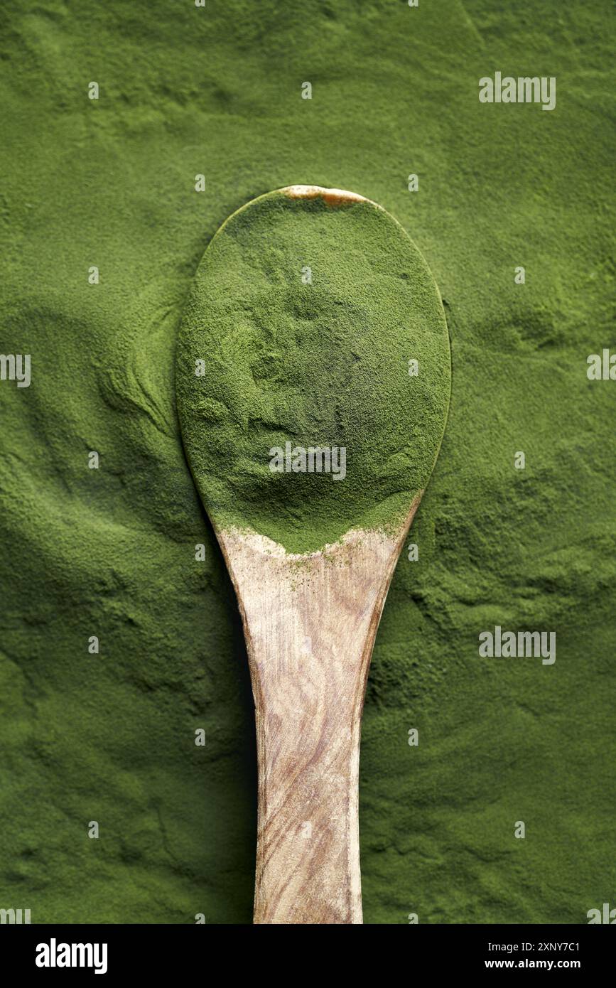 Green chlorella algae powder on a spoon, top view Stock Photo - Alamy