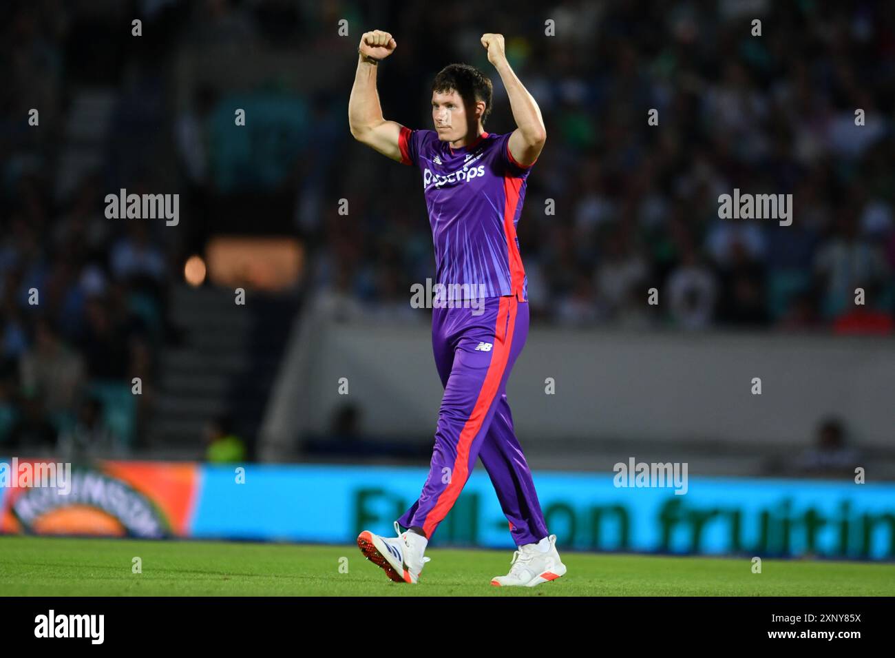London, England. 2nd Aug 2024. Matthew Potts celebrates taking a wicket ...