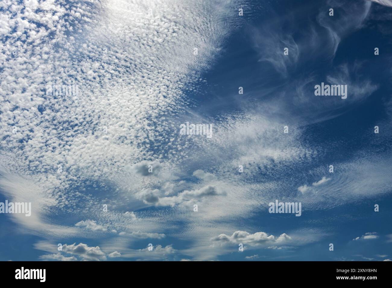 Altocumulus and cirrus clouds on the blue sky, background for nature, weather and climate themes ...