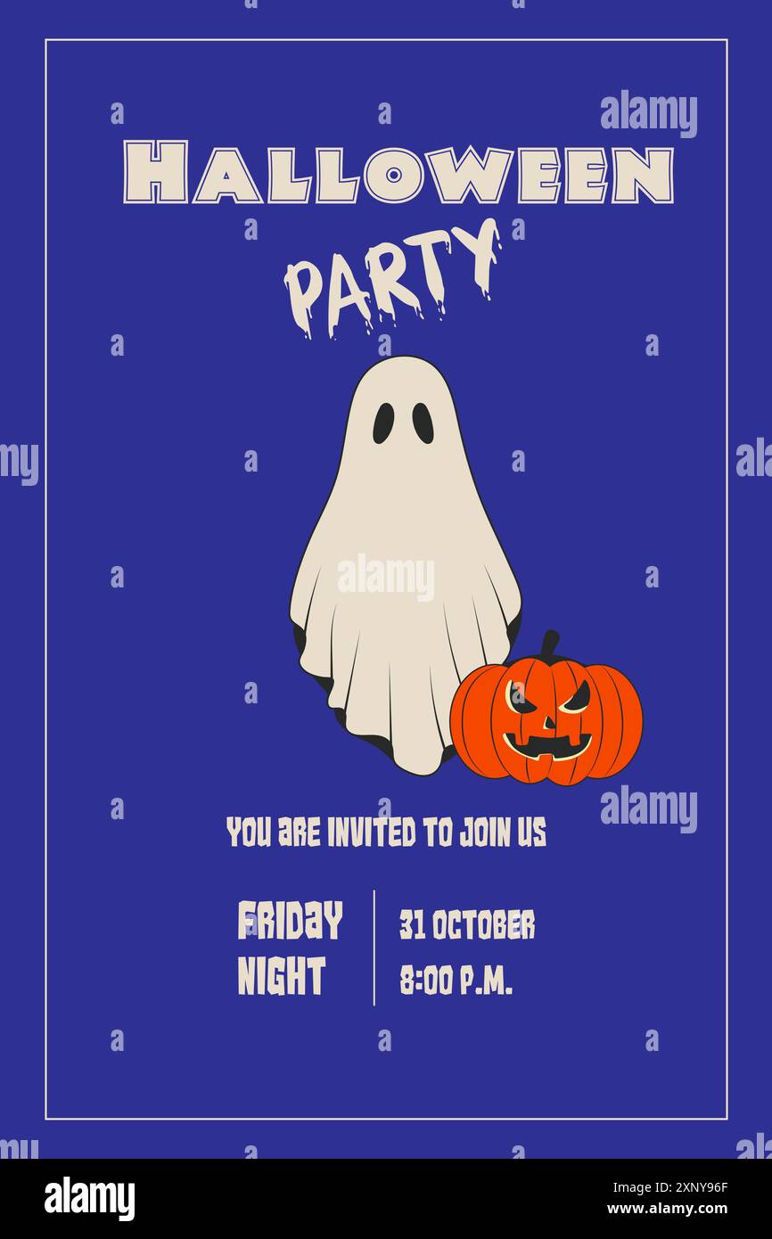 Poster, Halloween party invitation retro. Ghost and pumpkin. Groovy ...