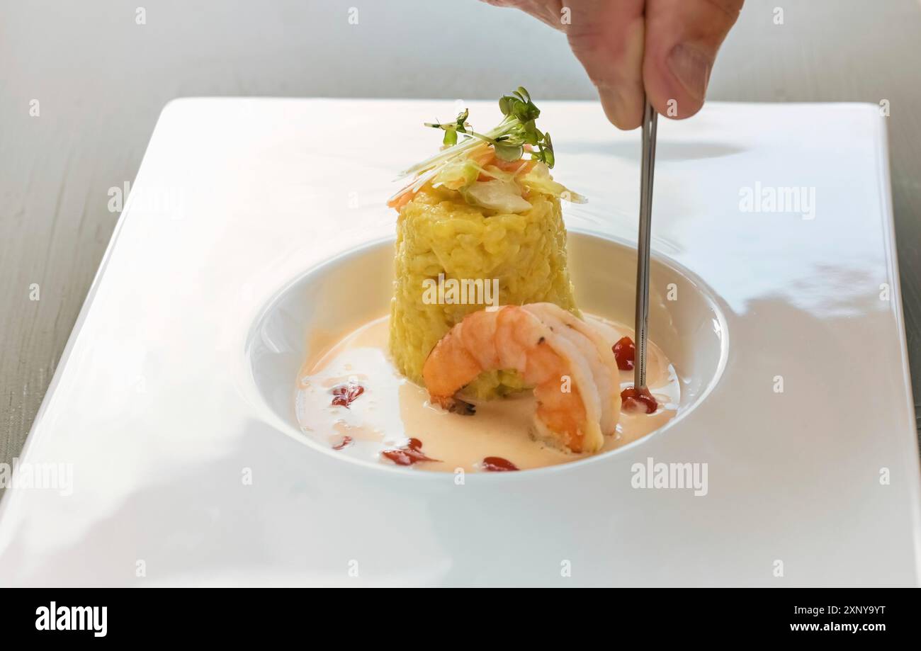 Hand with tweezers garnishing a gourmet dish from saffron risotto with ...