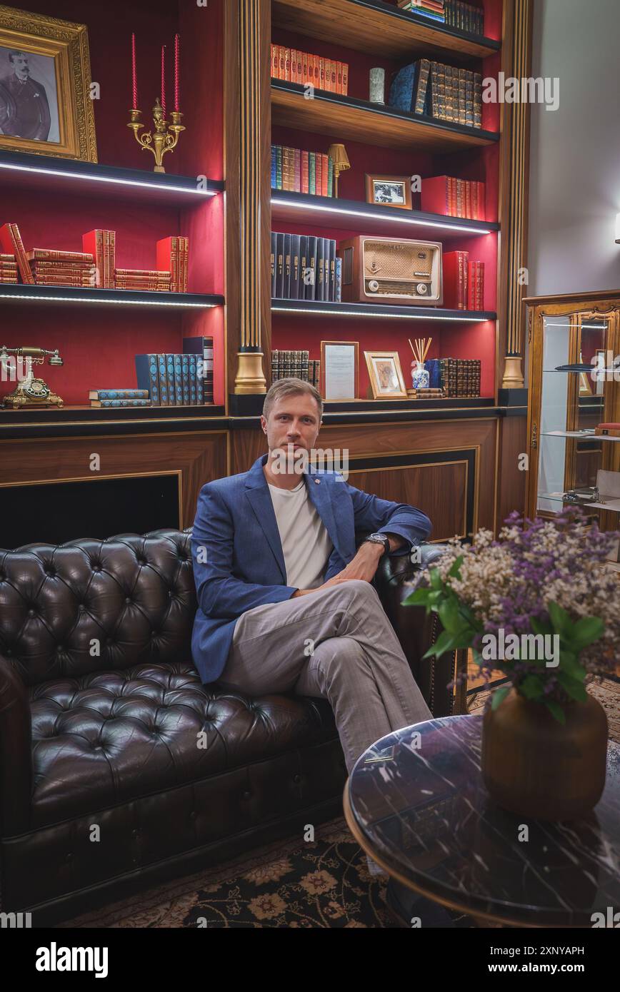 Leather Library Sofa Georgian Rolled Scroll Arm Library Blue Leather