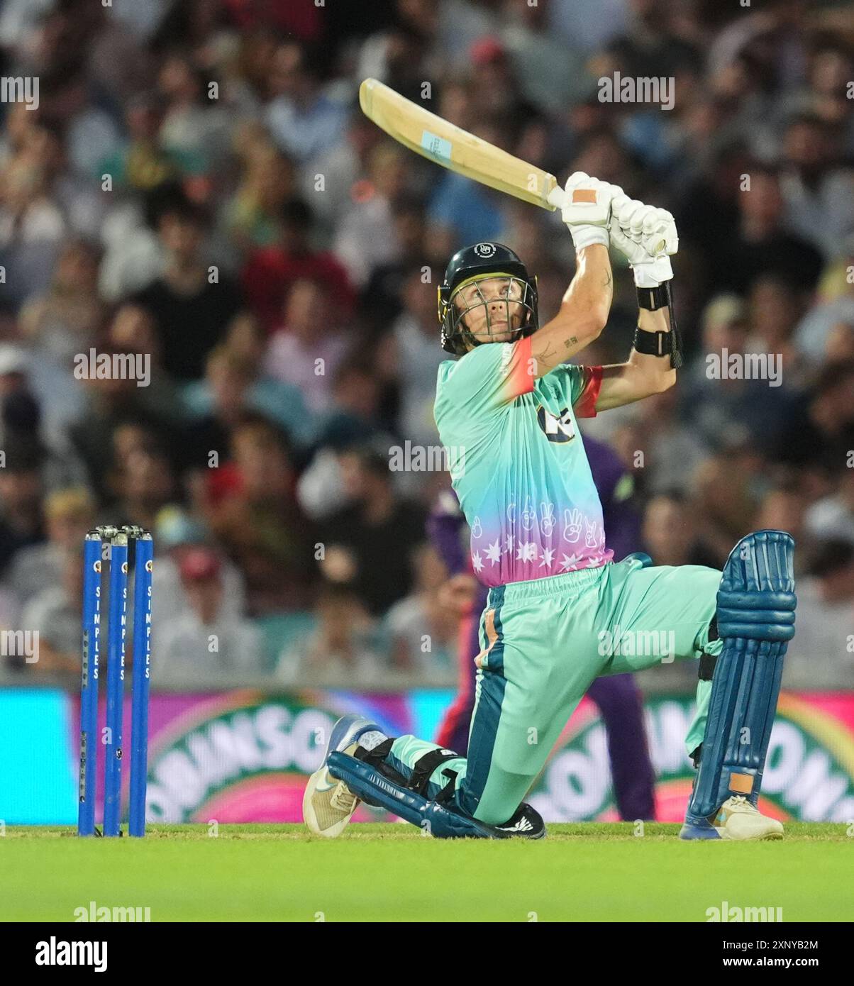 Oval Invincibles' Tom Curran bats during The Hundred men's match at The ...