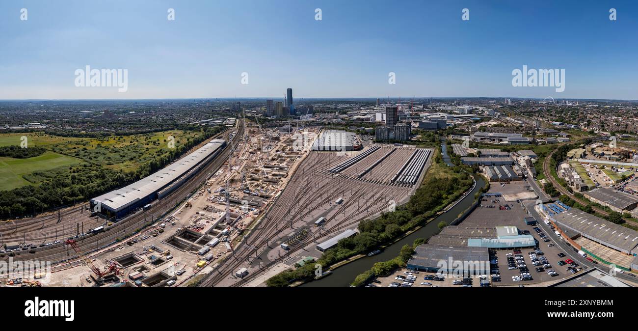 Aerial panoramic view of the HS2 Old Oak Common railway station ...
