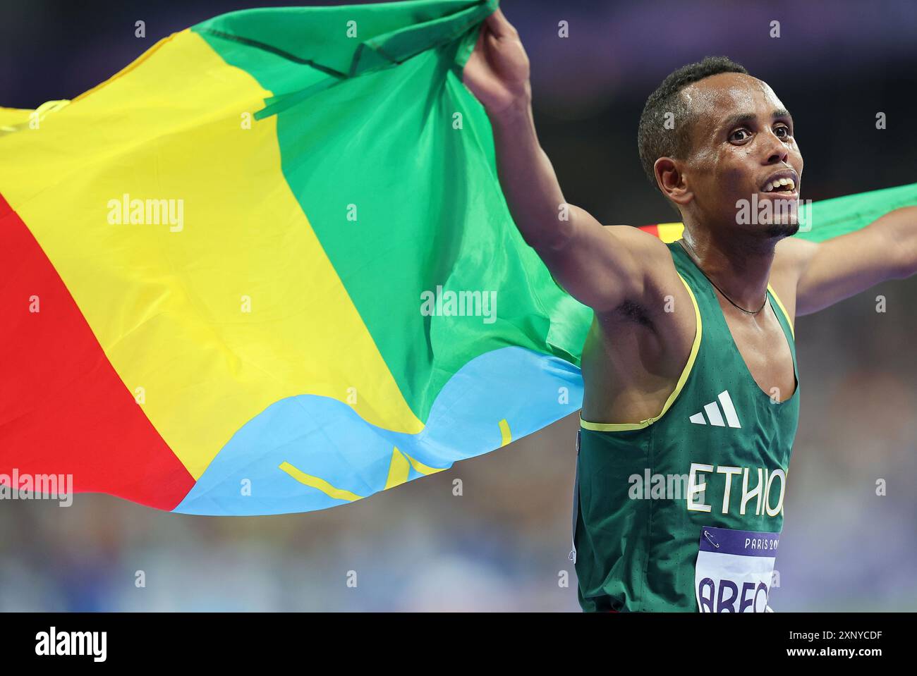 Paris, France. 2nd Aug, 2024. Berihu Aregawi of Ethiopia celebrates ...