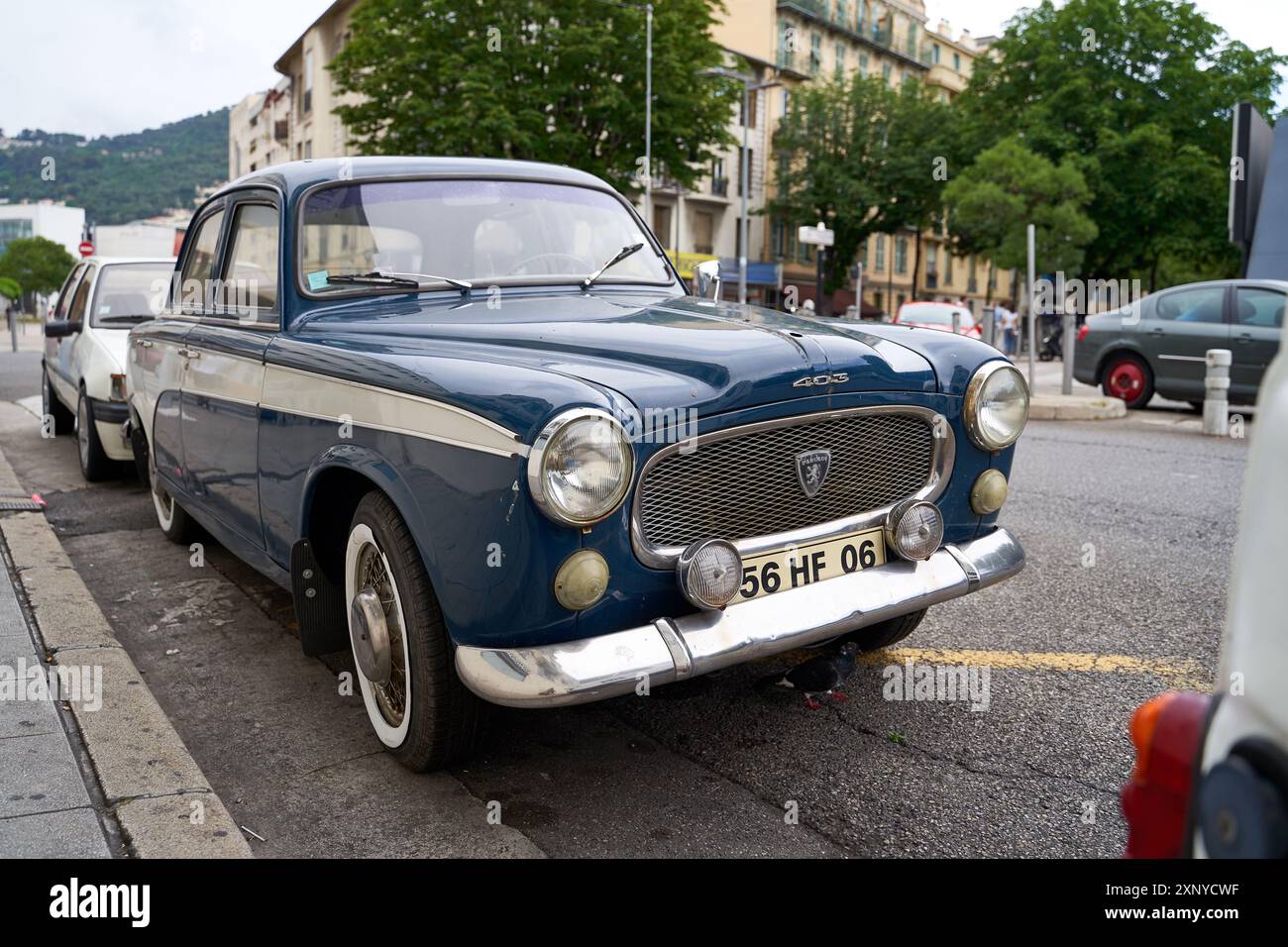 Vintage blue and white Peugeot 403 car released circa 1960 parked on ...