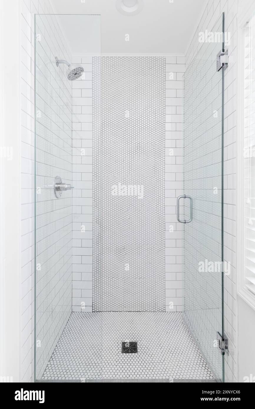 A luxury bathroom's walk-in shower with white subway and small circular ...