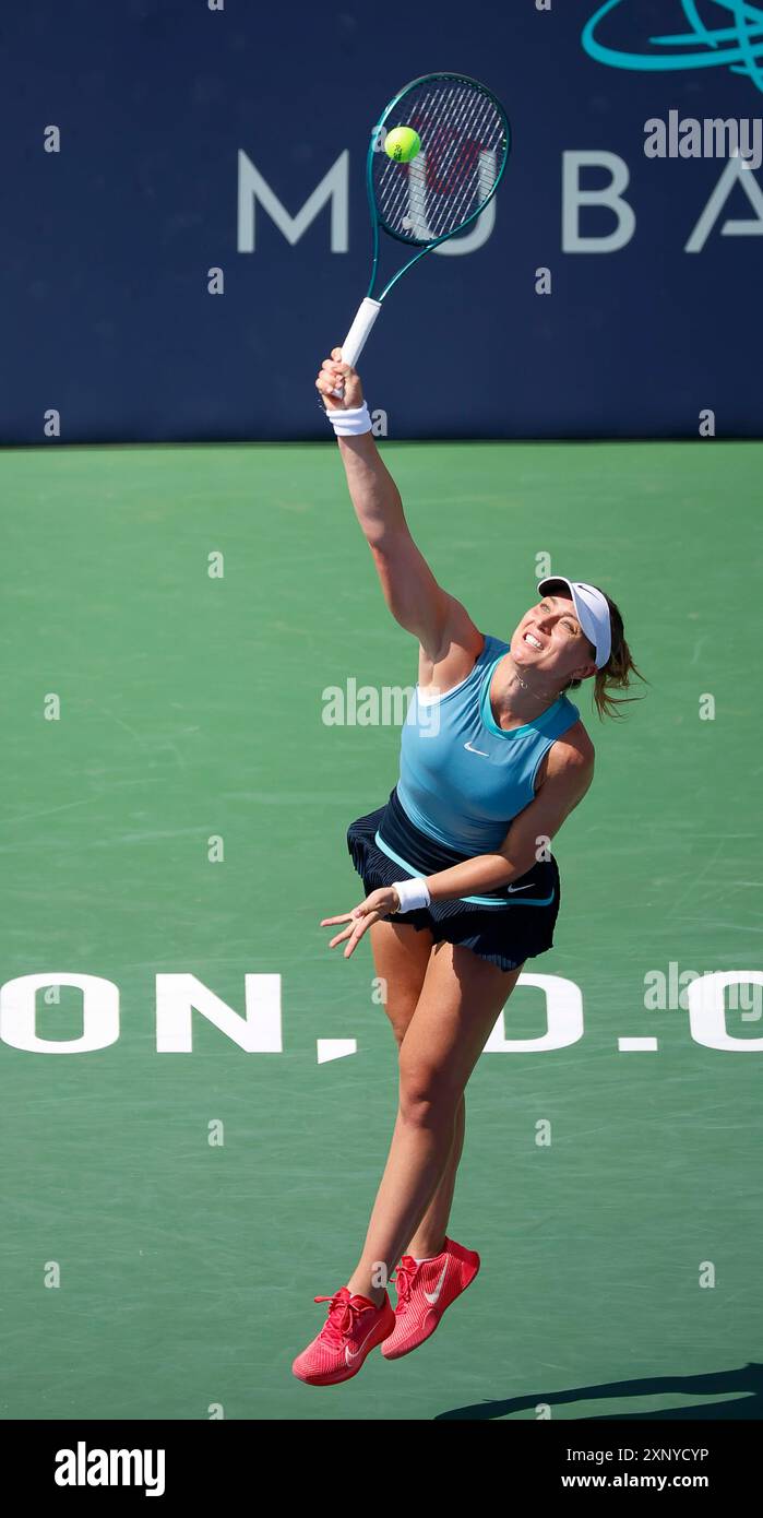 August 2, 2024: Paula Badosa (ESP) serves during the 2024 Mubadala Citi ...