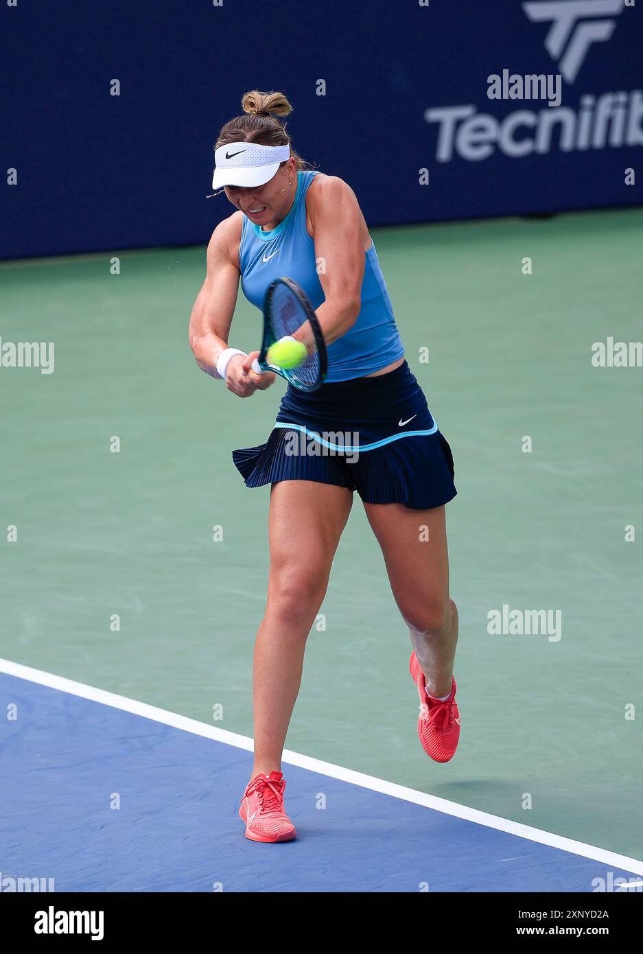 August 2, 2024: Paula Badosa (ESP) hits a shot during the 2024 Mubadala ...