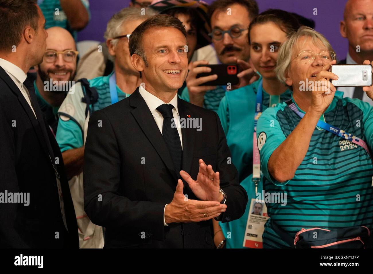 French President Emmanuel Macron follows a BMX racing event, at the ...