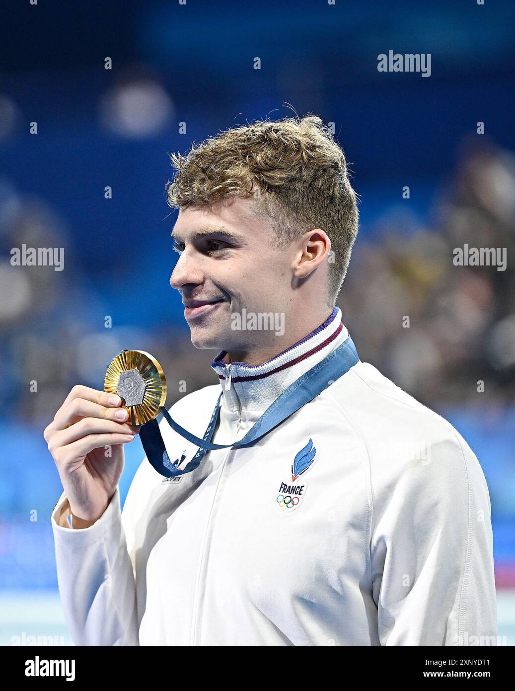 Paris, France. 2nd Aug, 2024. Gold medalist Leon Marchand of France ...