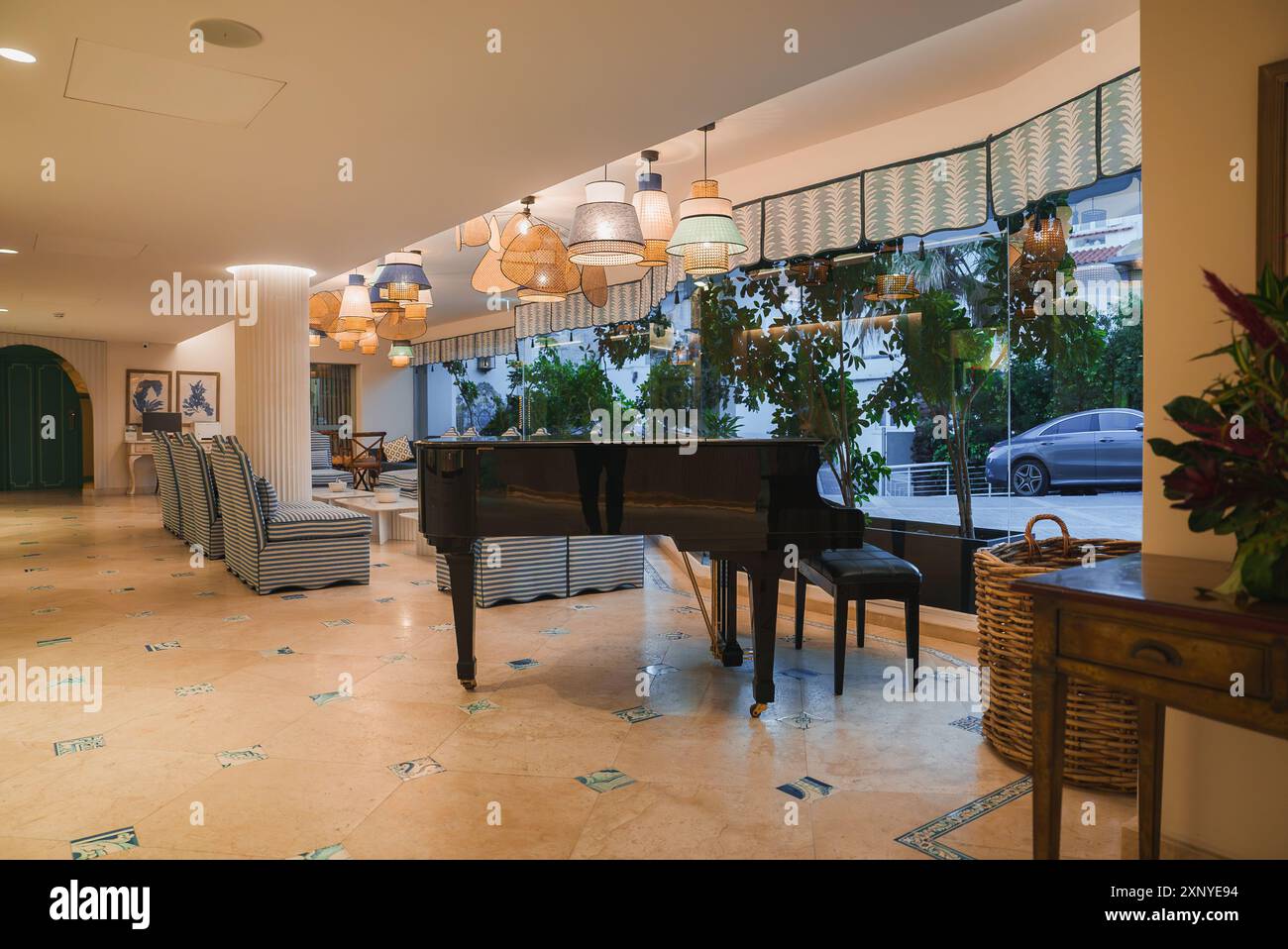 Luxurious Hotel Interior with Grand Piano and Elegant Light Fixtures ...