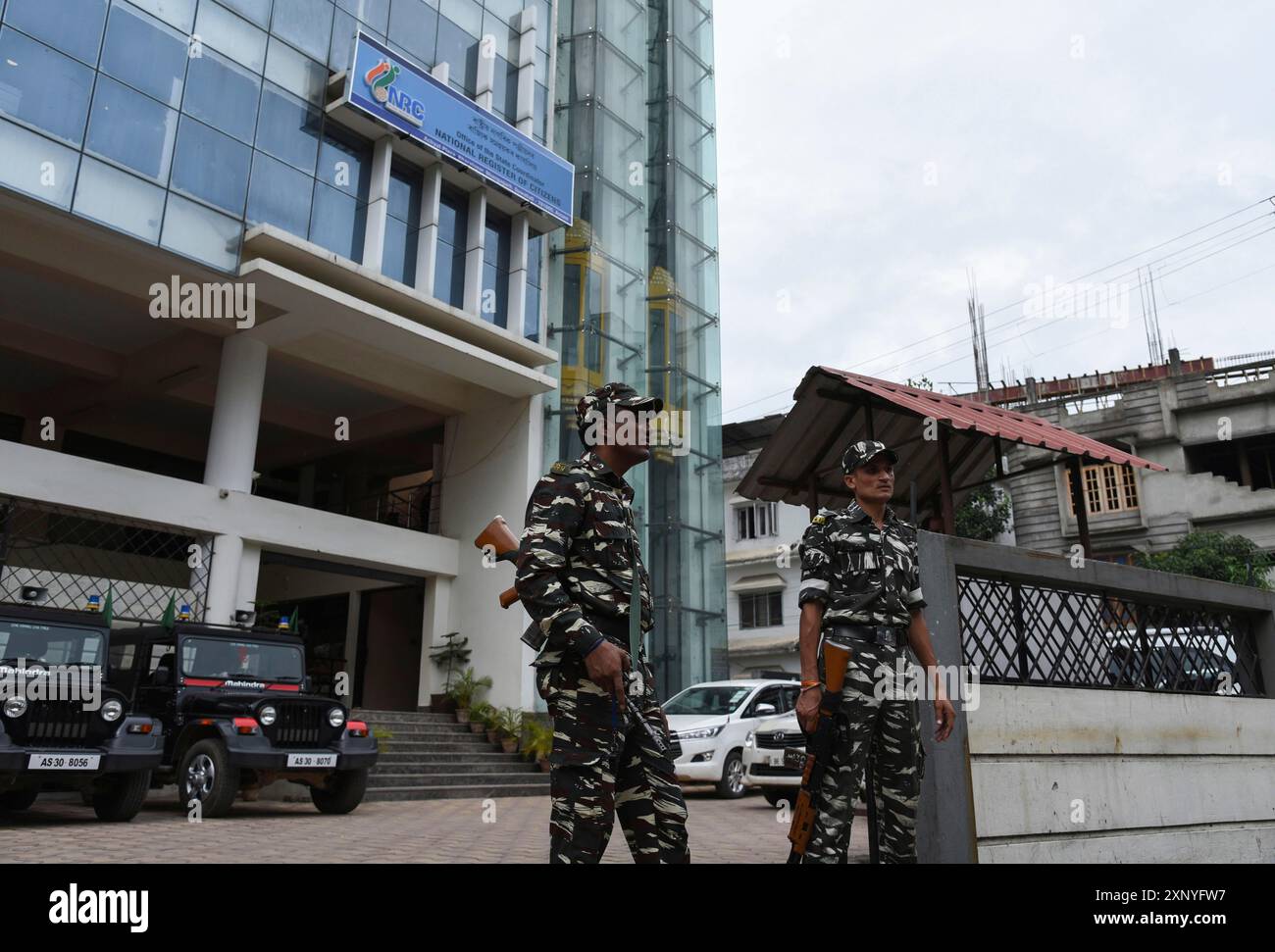 Security personnel in front of the NRC office on July 29, 2018 at Bhangagarh in Guwahati, Assam ...