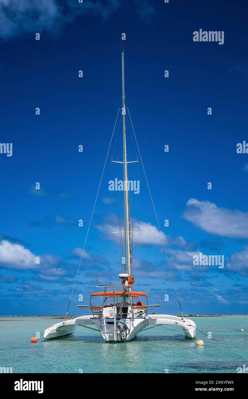 Catamaran anchored in the Pacific Ocean, Tikehau, Atoll, Tuamotu ...