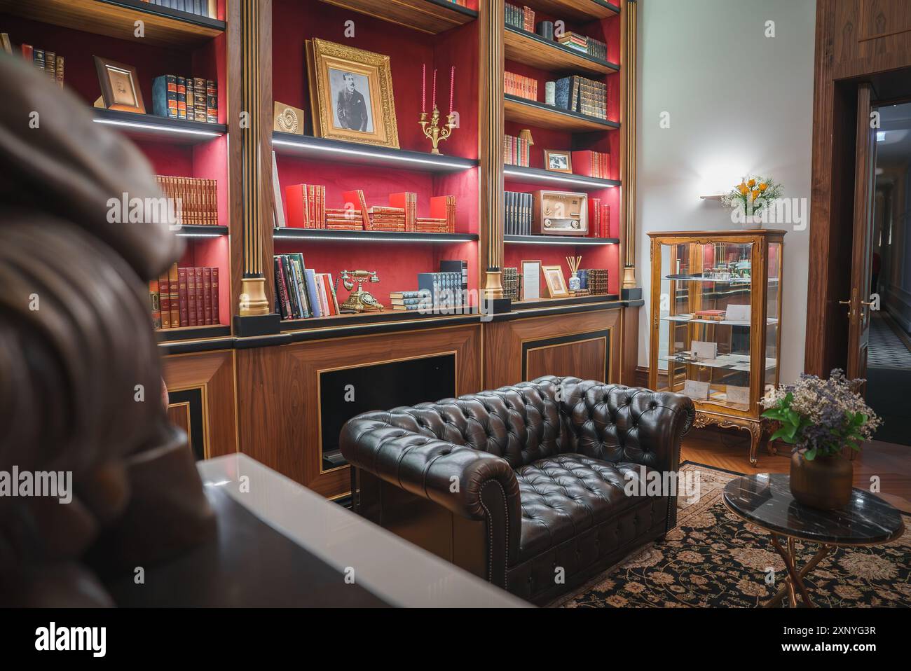 Luxurious Hotel Library with Chesterfield Sofa and Elegant Decor Stock ...
