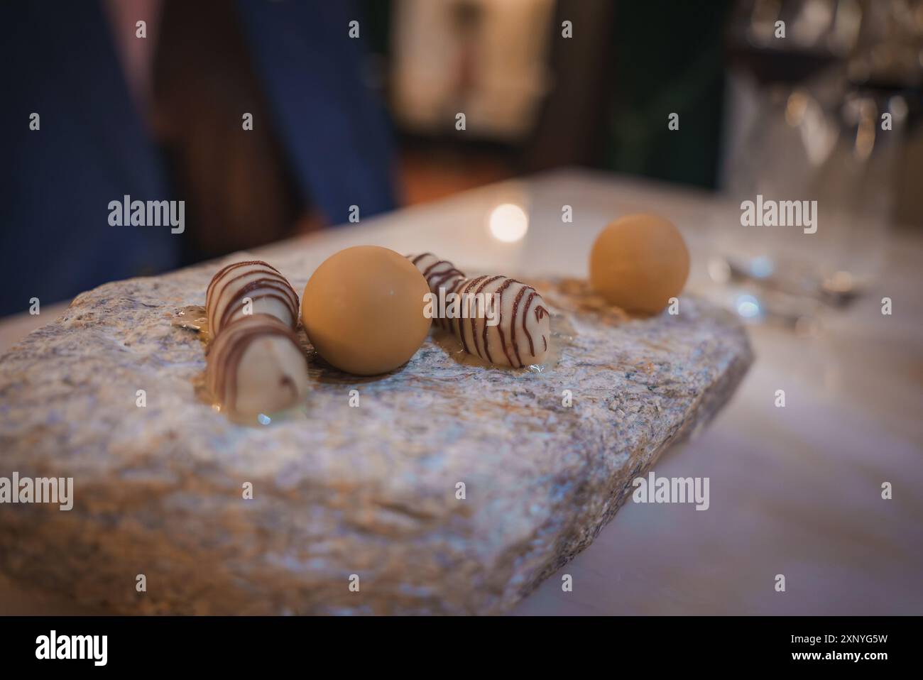 Gourmet Desserts on Textured Stone Slab in Luxury Hotel Fine Dining ...