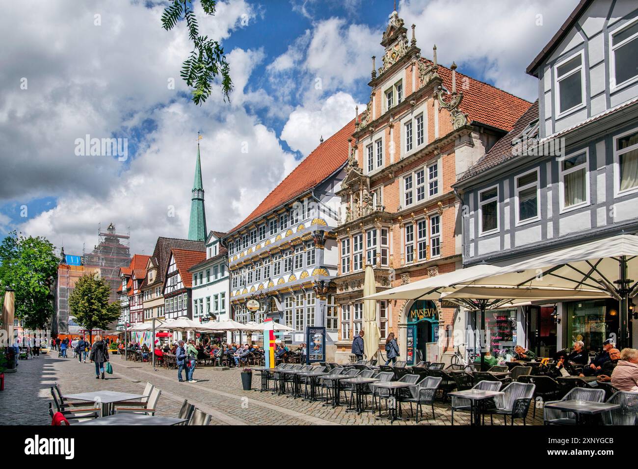 Osterstrasse pedestrian zone with street cafes in the old town, Hamelin ...