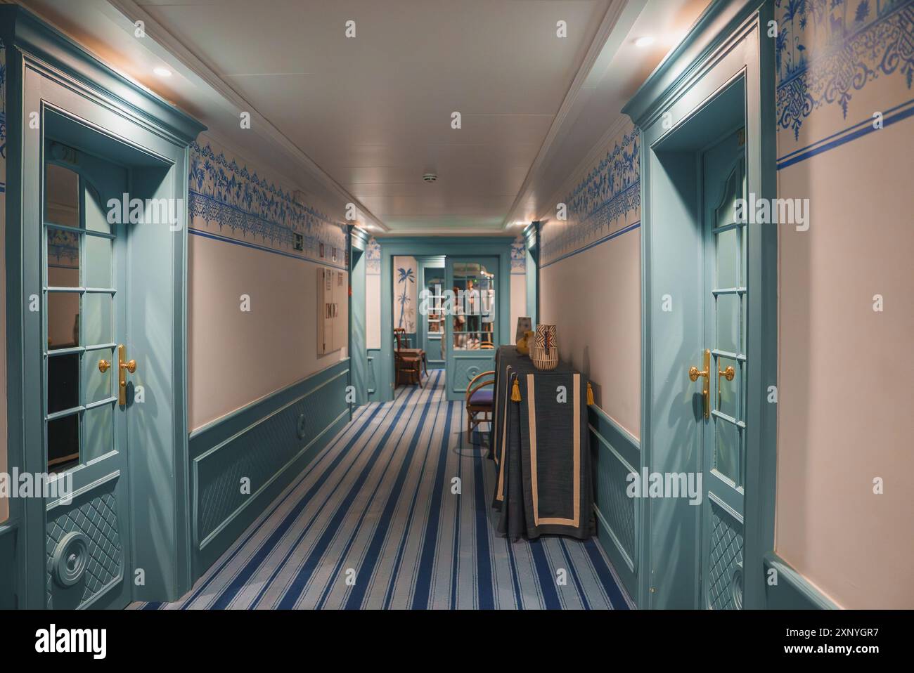 Luxurious Hotel Corridor with Blue and White Color Scheme and Elegant ...