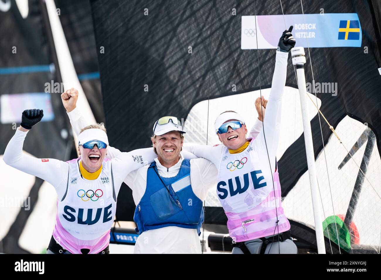 Rebecca Netzler and Vilma Bobeck with coach Viktor Bergström of, Sweden ...