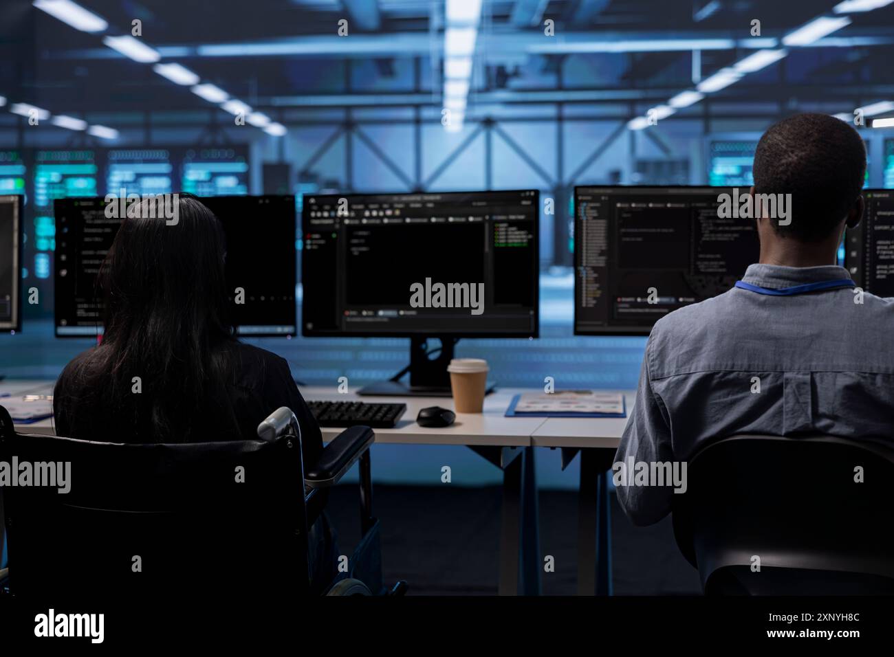 Person with disability and coworker in inclusive server room facility ...