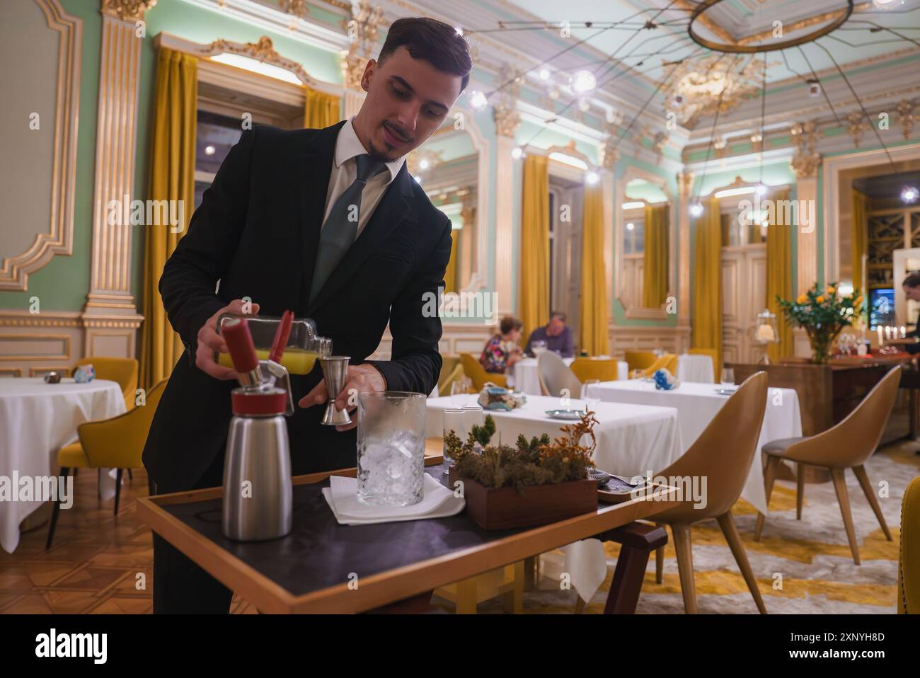 Luxurious Dining Room with Elegant Decor and High Ceilings in a High ...