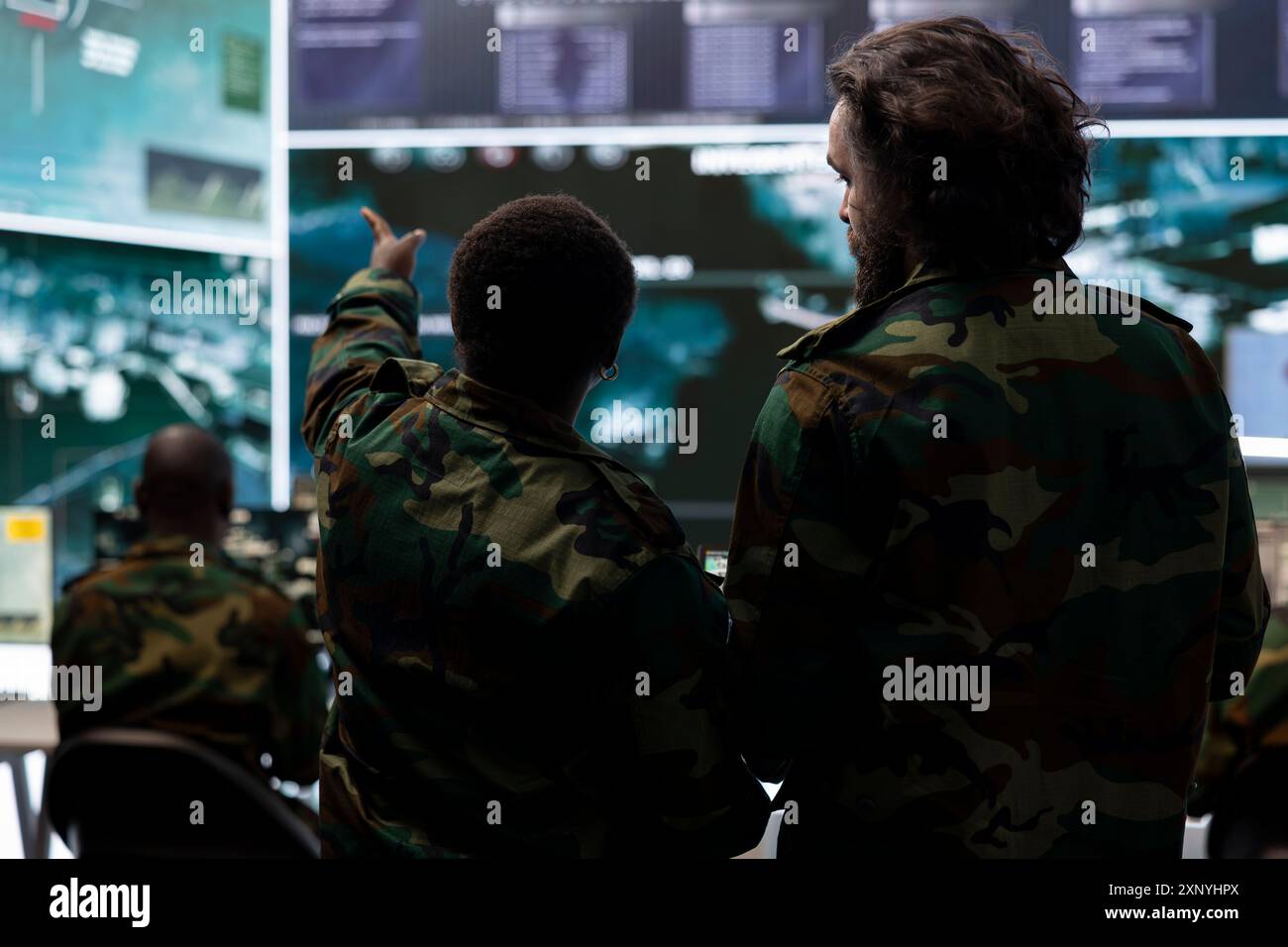 Captains team examining satellite station world map with CCTV footage ...