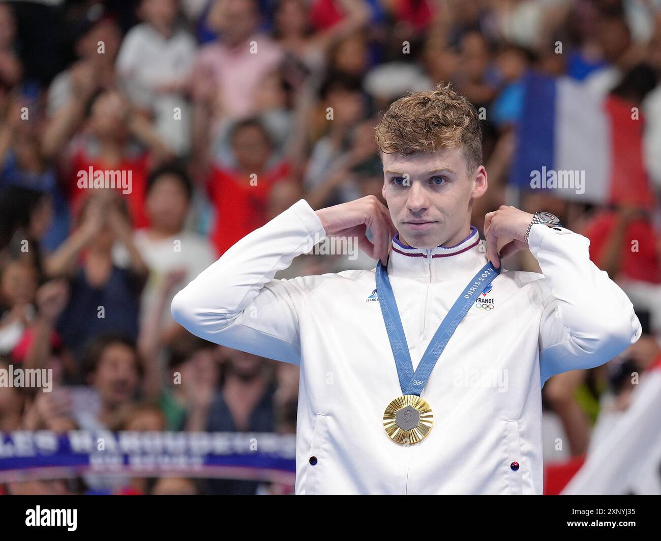 Paris, France. 2nd Aug, 2024. Gold medalist Leon Marchand of France ...