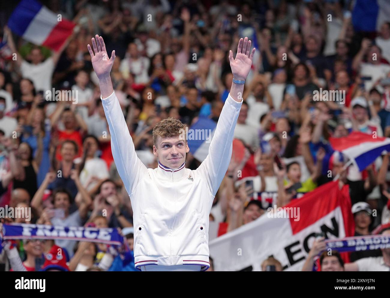 Paris, France. 2nd Aug, 2024. Gold medalist Leon Marchand of France ...