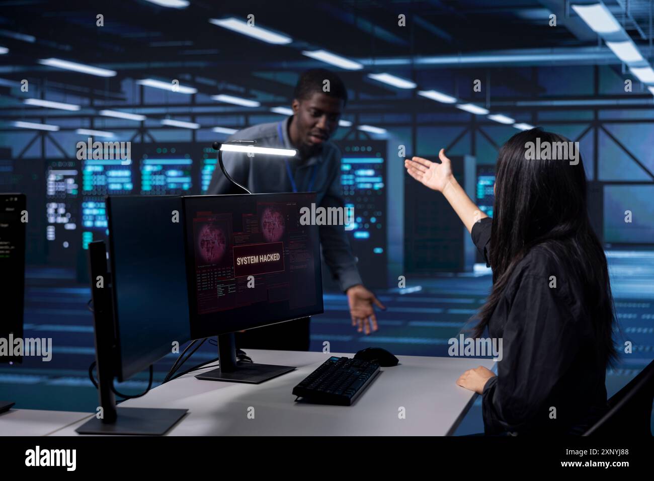 Server farm worker trying fix hi-res stock photography and images - Alamy