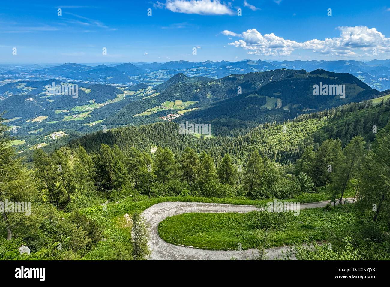 Inspiring view shows a wide shot of the Bavarian Alps from high ...