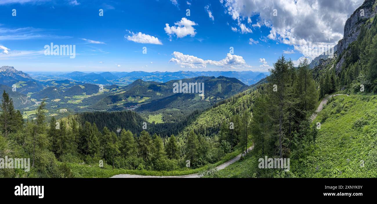 Panoramic view shows a wide shot of the Bavarian Alps from high ...