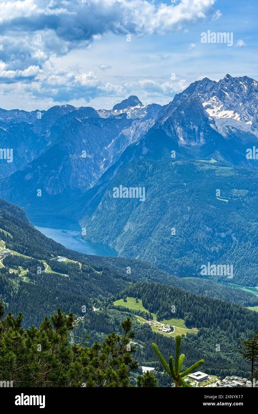 Vertical view shows snow-capped Bavarian Alps from high elevation Stock ...