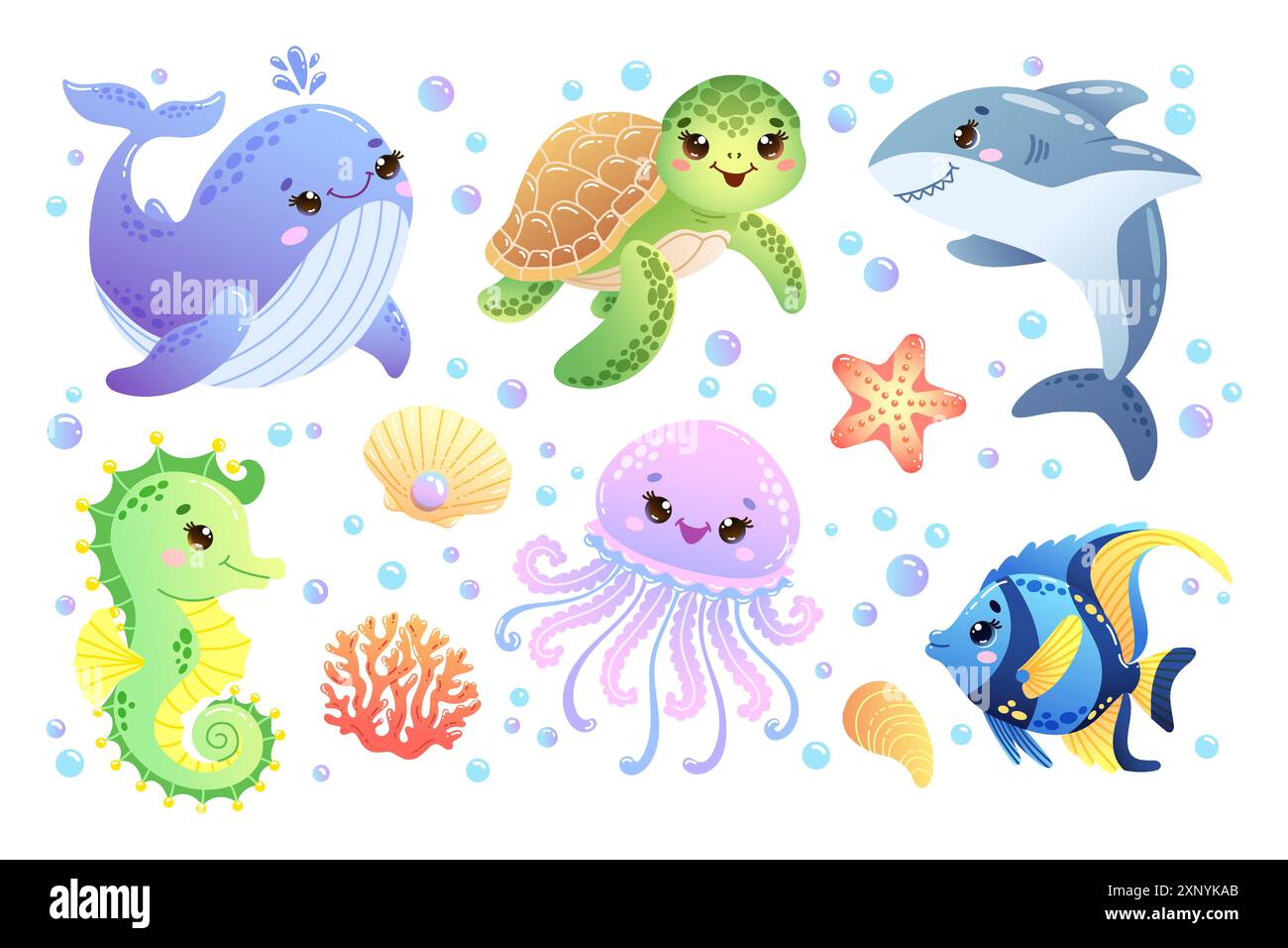 Set of sea animals featuring a cute whale, turtle, shark, seahorse ...