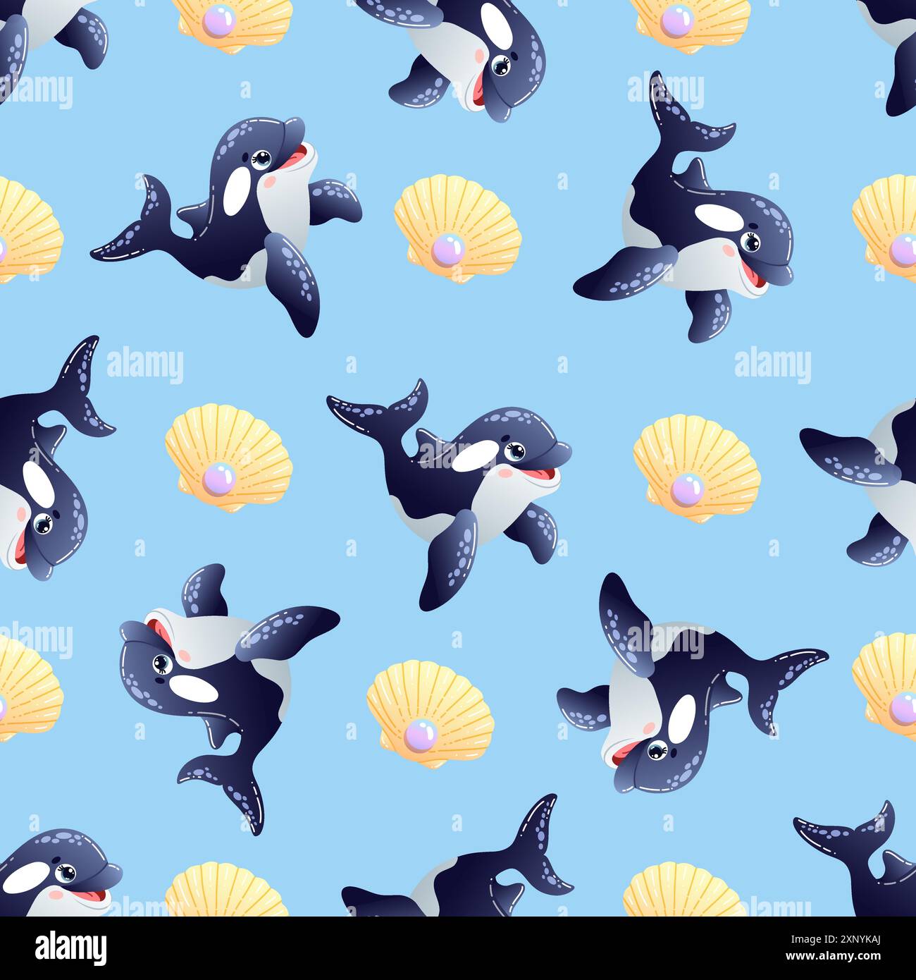 Playful orca whale and seashell seamless pattern on a vibrant blue ...
