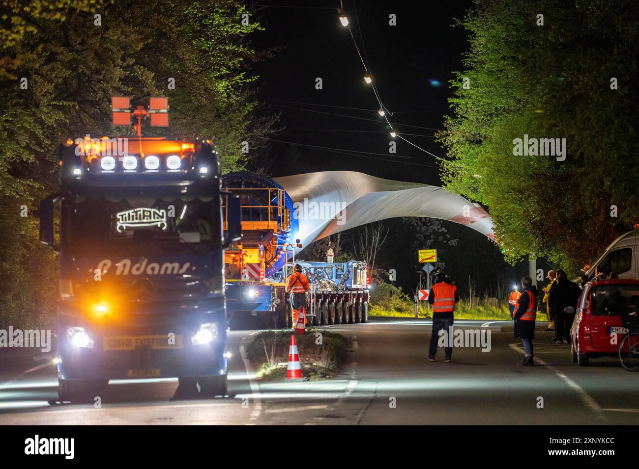 Transport of a 68 metre long, 22 tonne blade of a wind turbine, here in ...