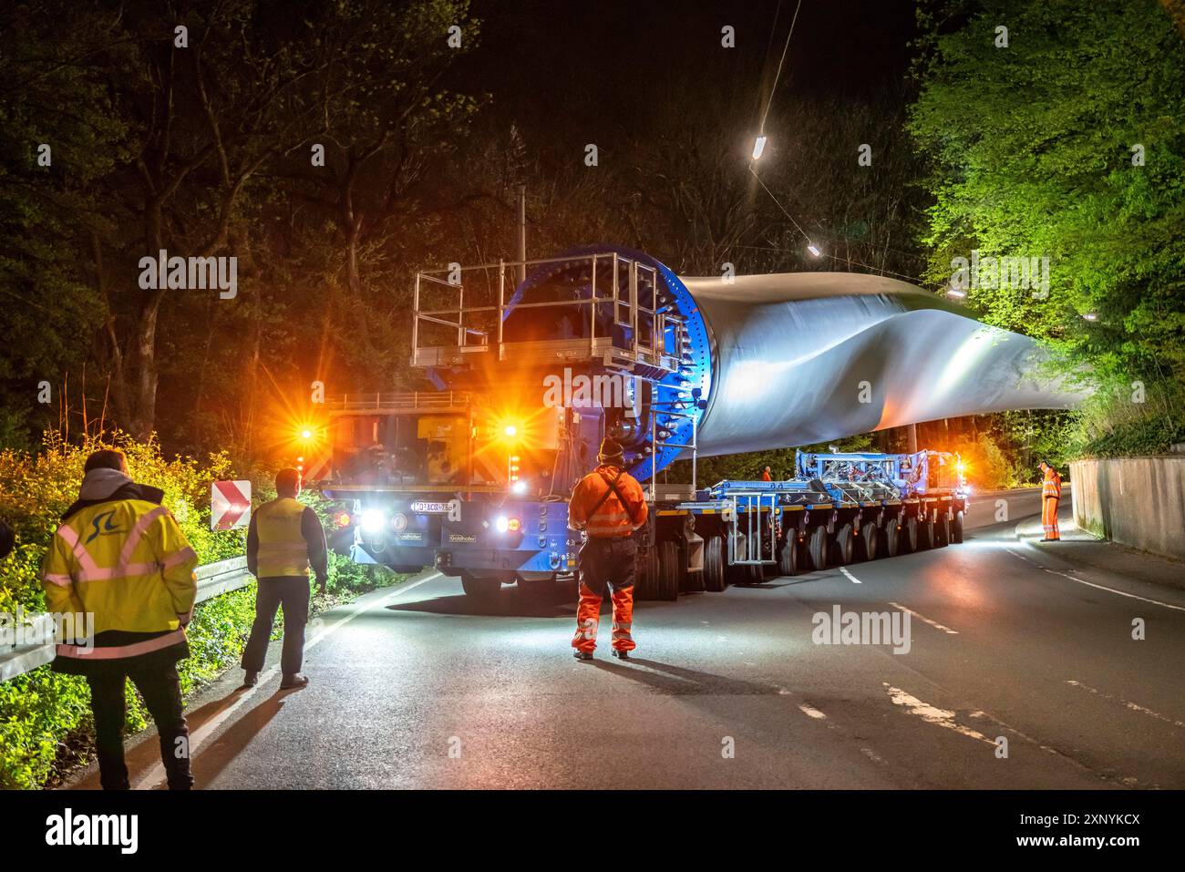Transport of a 68 metre long, 22 tonne blade of a wind turbine, here in ...