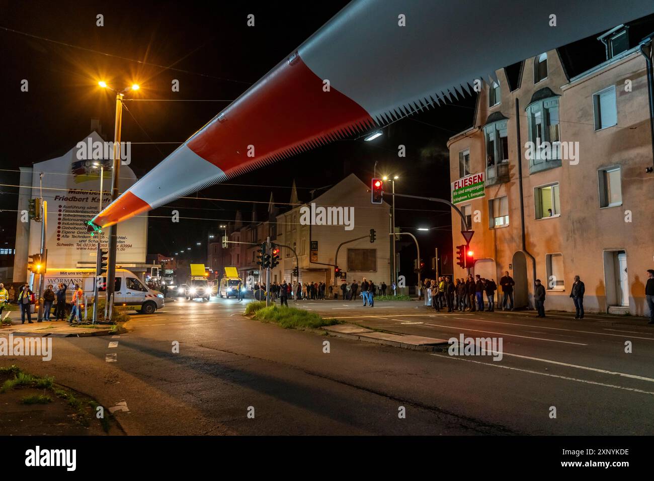Transport of a 68 metre long, 22 tonne blade of a wind turbine, here in ...