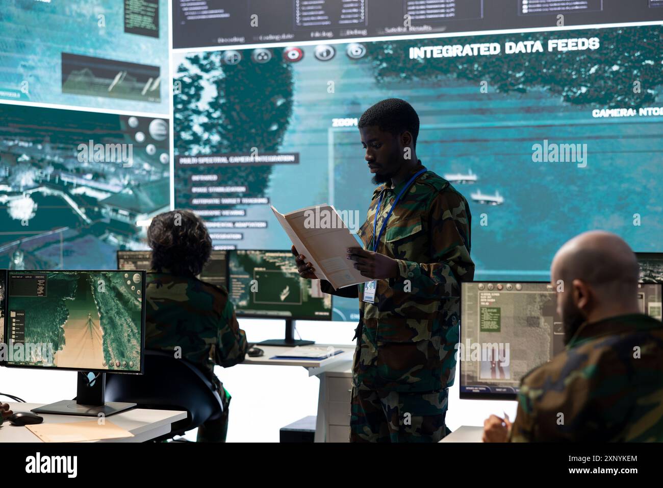 Military Secret Service Staff Monitoring Air Traffic Activity In Control Center Reviewing Data