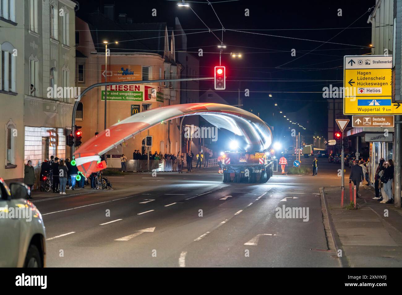Transport of a 68 metre long, 22 tonne blade of a wind turbine, here in ...