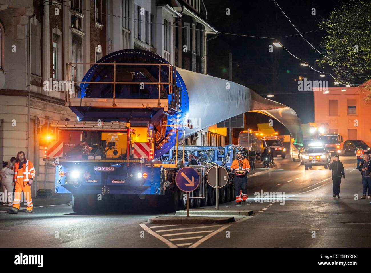 Transport of a 68 metre long, 22 tonne blade of a wind turbine, here in ...