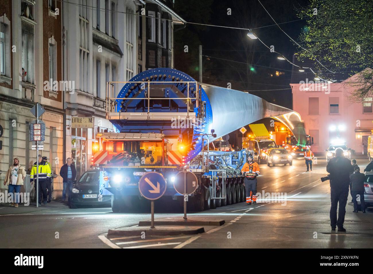 Transport of a 68 metre long, 22 tonne blade of a wind turbine, here in ...