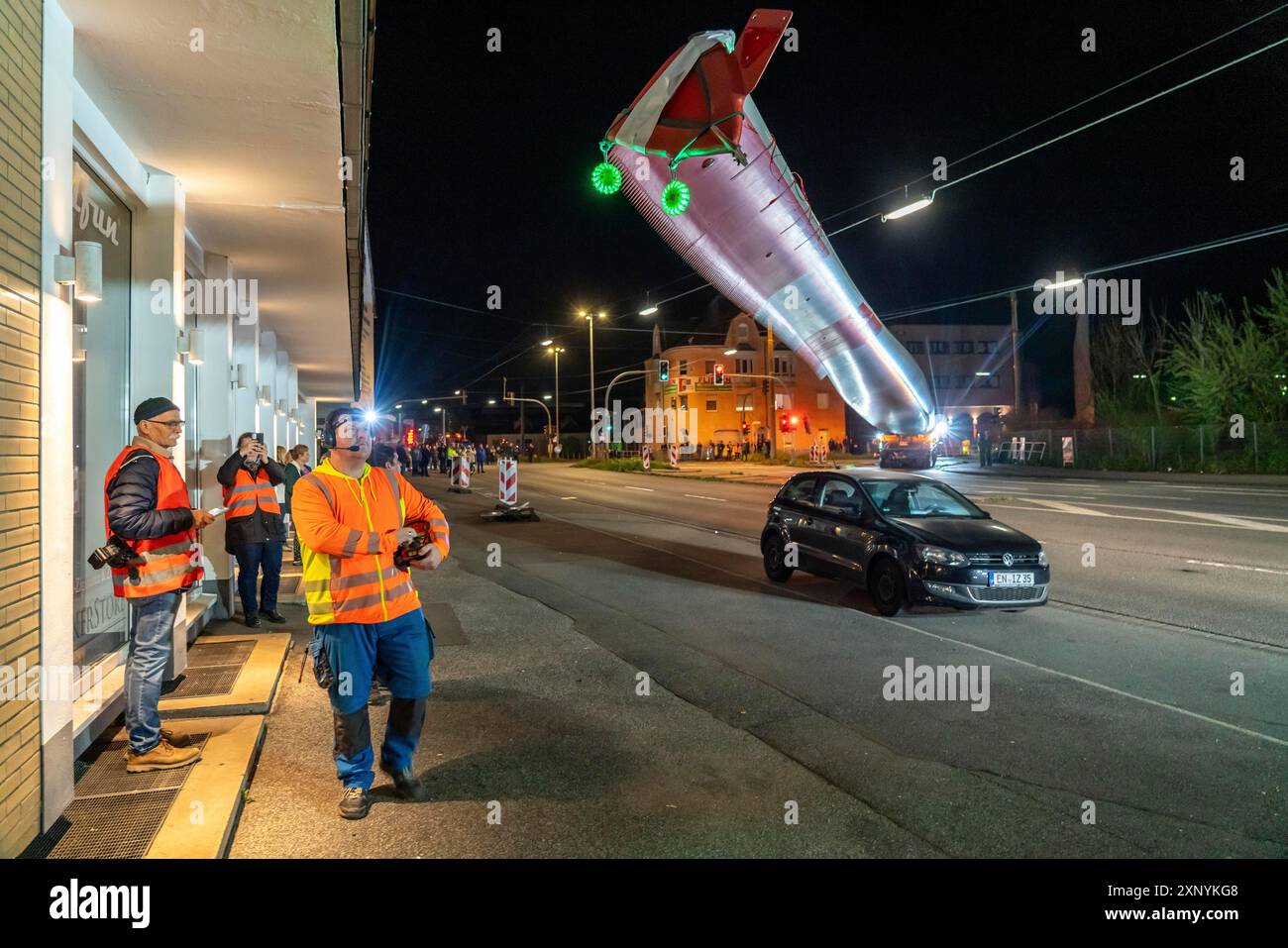 Transport of a 68 metre long, 22 tonne blade of a wind turbine, here in ...